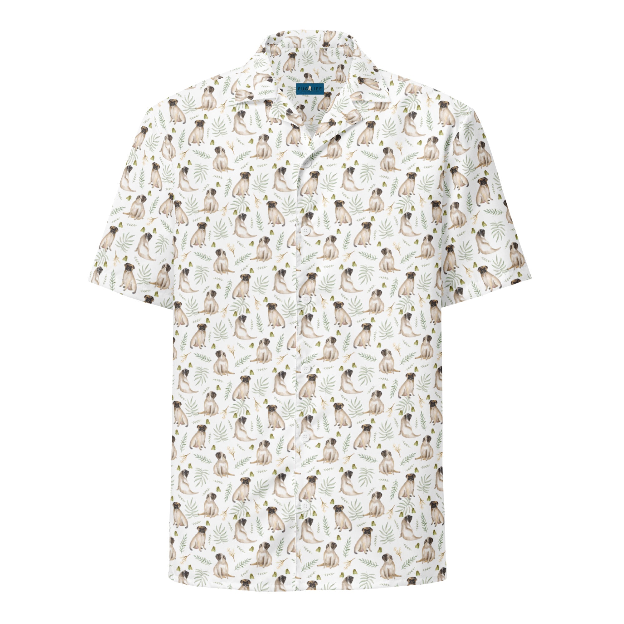White Watercolor Pug Aloha Shirt in Recycled Polyester – Pug Life